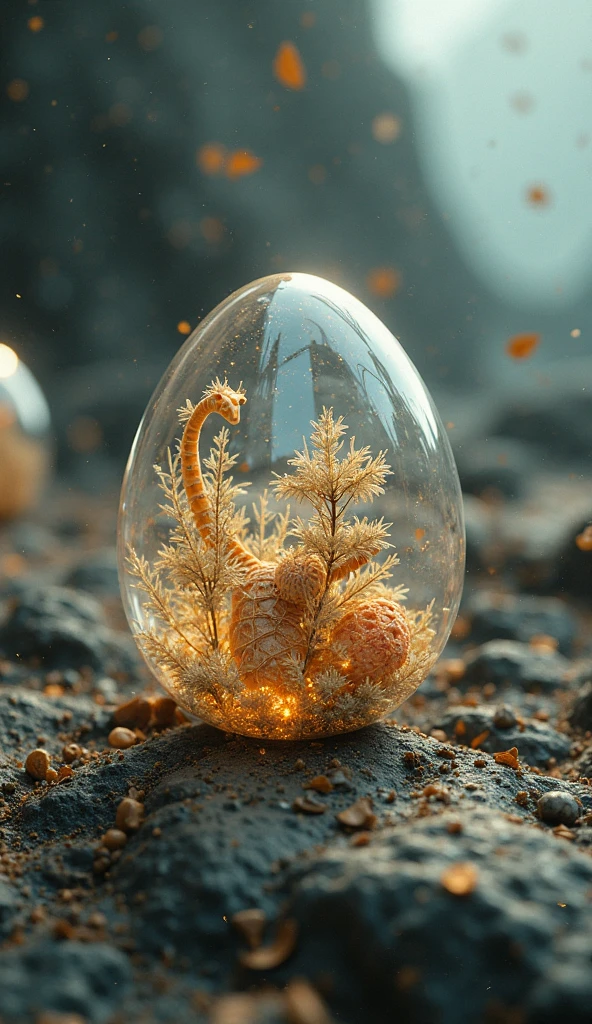 Dinosaur eggs in resin-bound sleep, Secrets buried eons deep - SeaArt AI