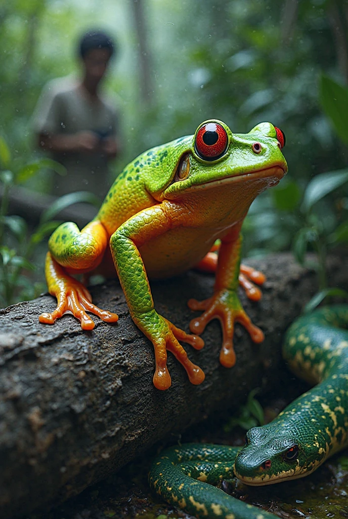 A close-up of a bright, toxic frog perched on a log, or a snake ...