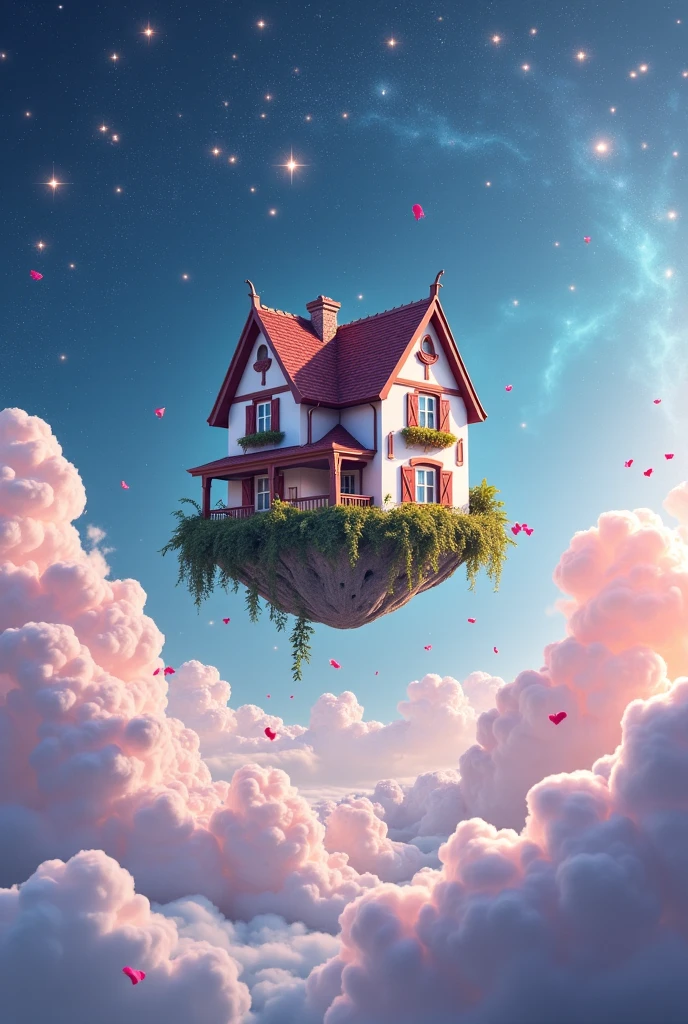 "A surreal dreamscape featuring a floating house surrounded by clouds ...