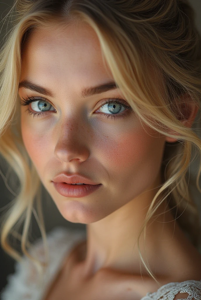 Woman with a delicate and perfect face with blond hair, blue eyes and ...