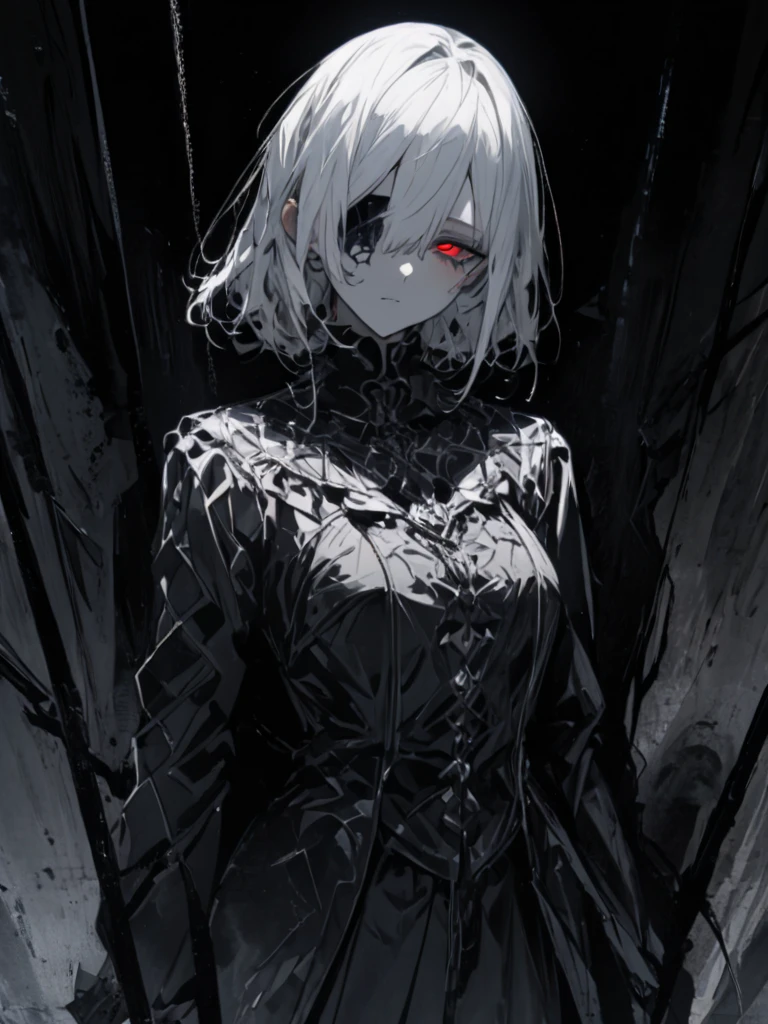 "Anime entity, monochrome white with faint black stains (like ink in ...