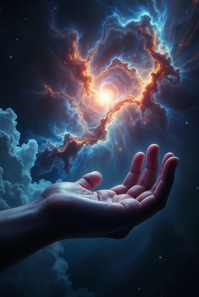A giant palm with an Orion galaxy suspended above it，and the curved ...