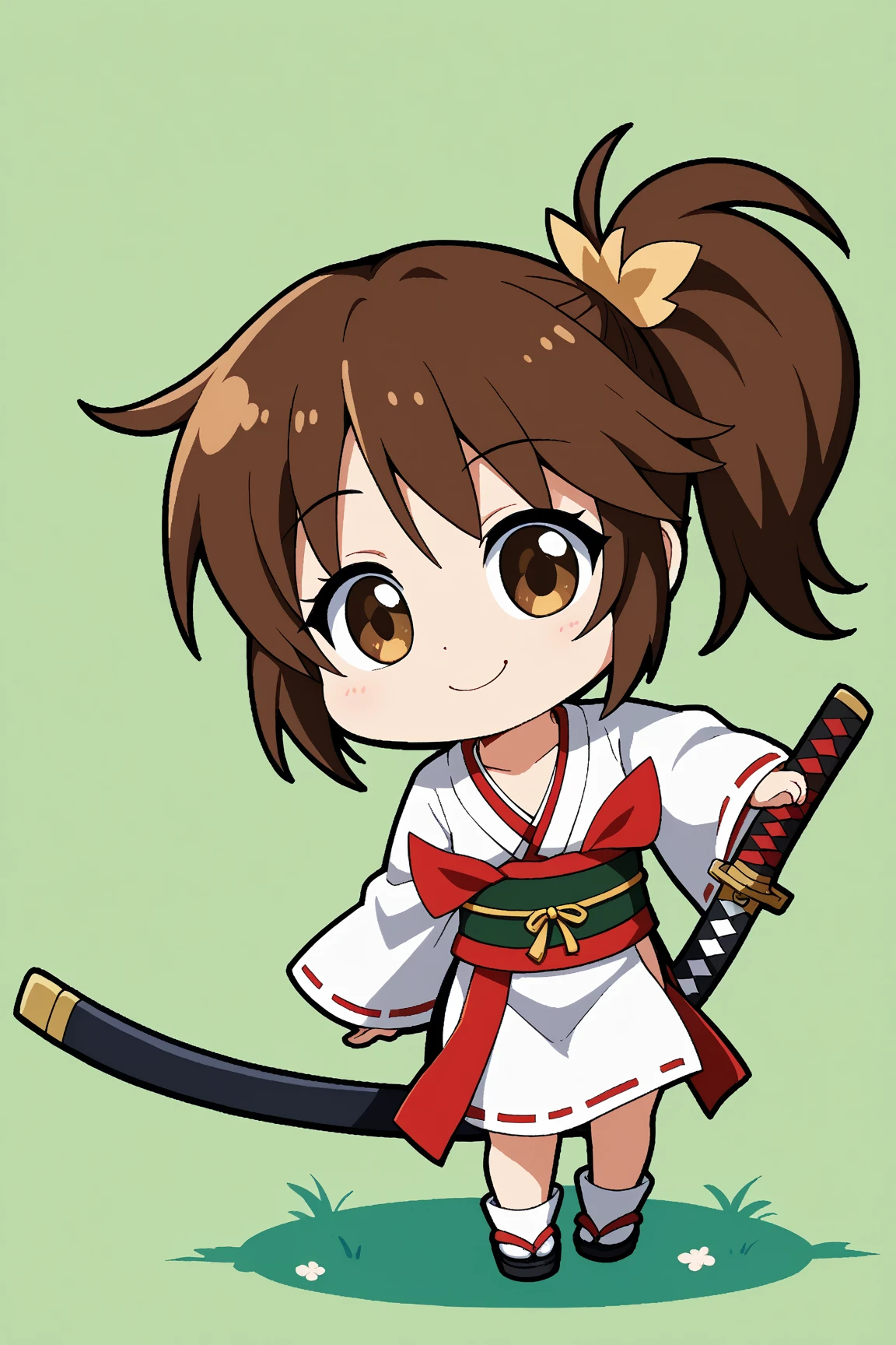 1girl, miko, chibi, green background, katana, side ponytail, brown hair ...