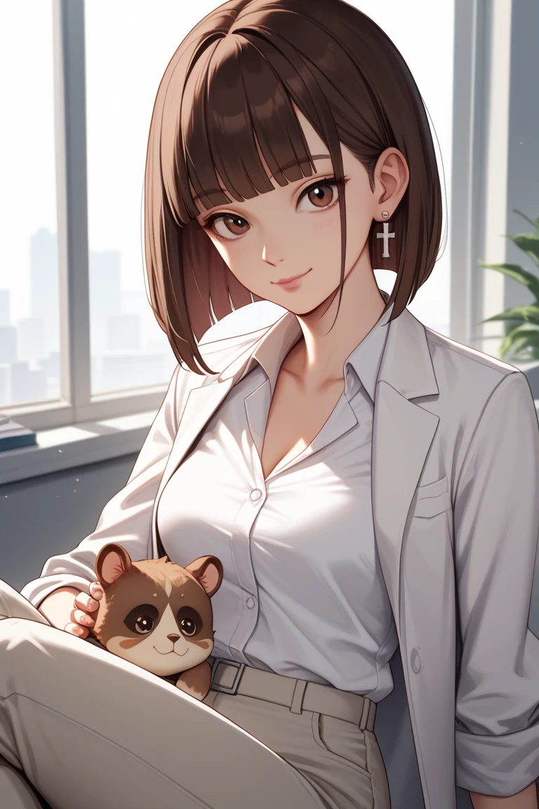 anime style、 one woman、pink lips、bungs、Dark、fluffy bob cut、blunt bangs ...