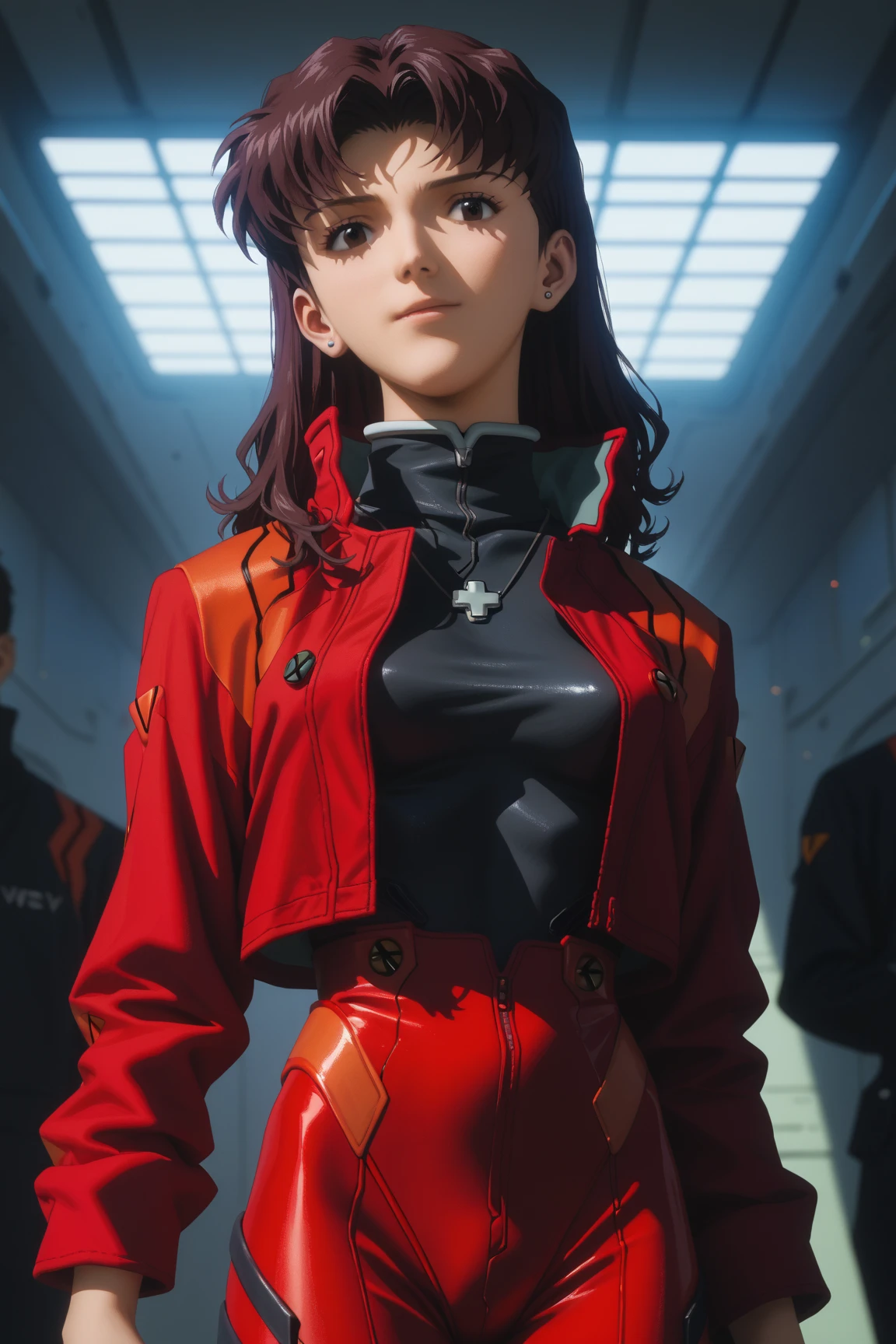 Misato Katsuragi wearing a tight-fitting Evangelion pilot bodysuit ...