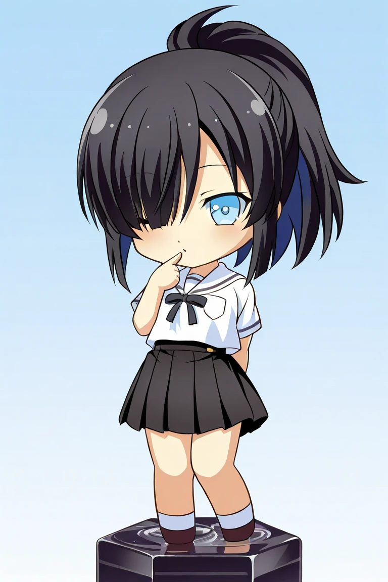 Chibi anime girl, black hair in a ponytail, light blue eyes, one eye ...