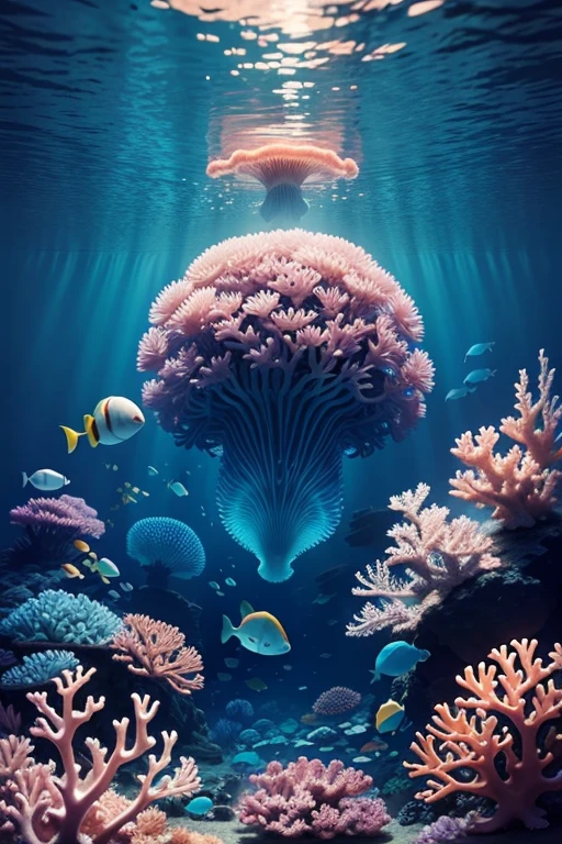 (Coral Reef,School of fish,Jellyfish)，Clear fog ， hemispheric shape ...