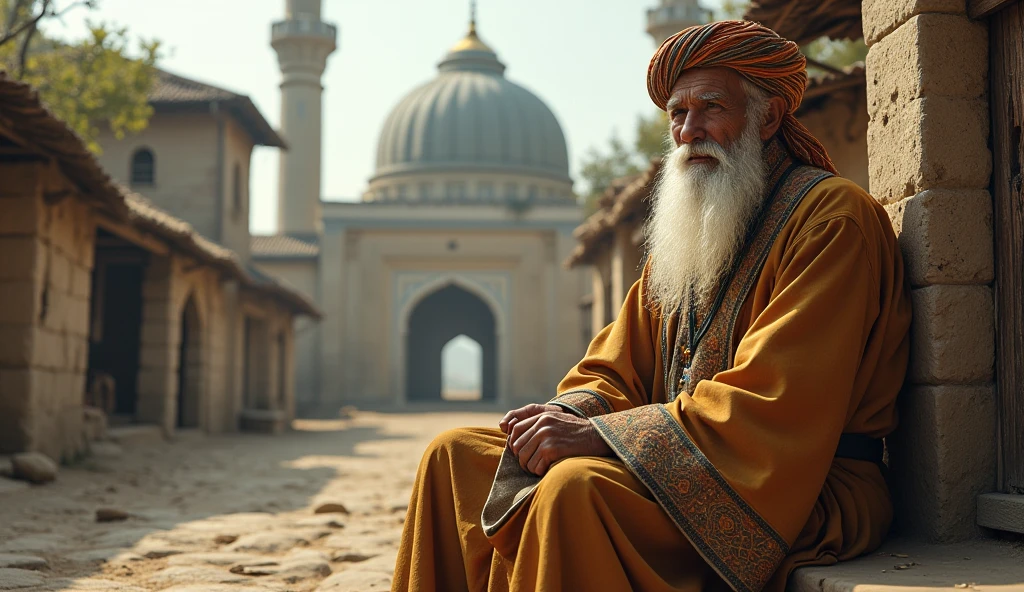 A old man ubqari style with white beard wear long dress on head wear a ...