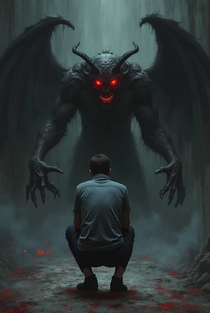 Same man with his back crouched and stalked by a red-eyed demon with ...