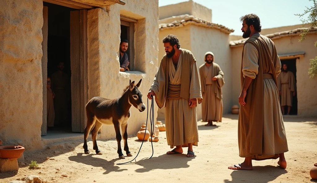 Create a scene showing two disciples finding a young donkey tied near a ...