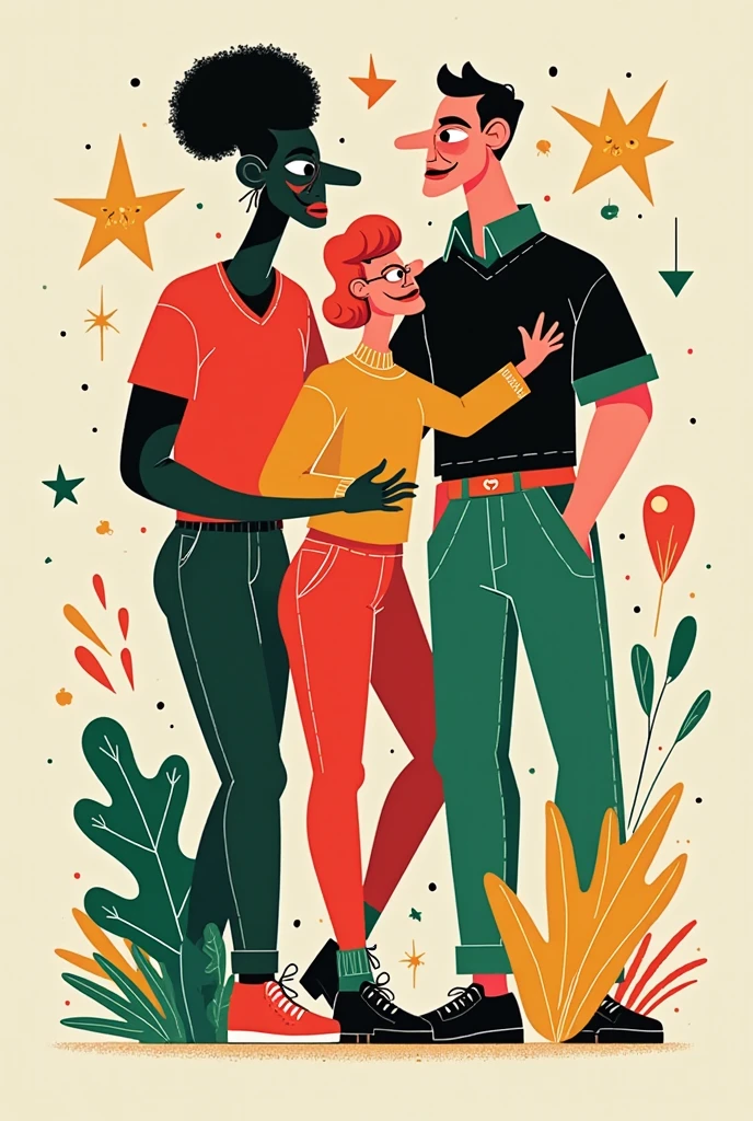 Draw me three people in a black red and green cartoon - SeaArt AI