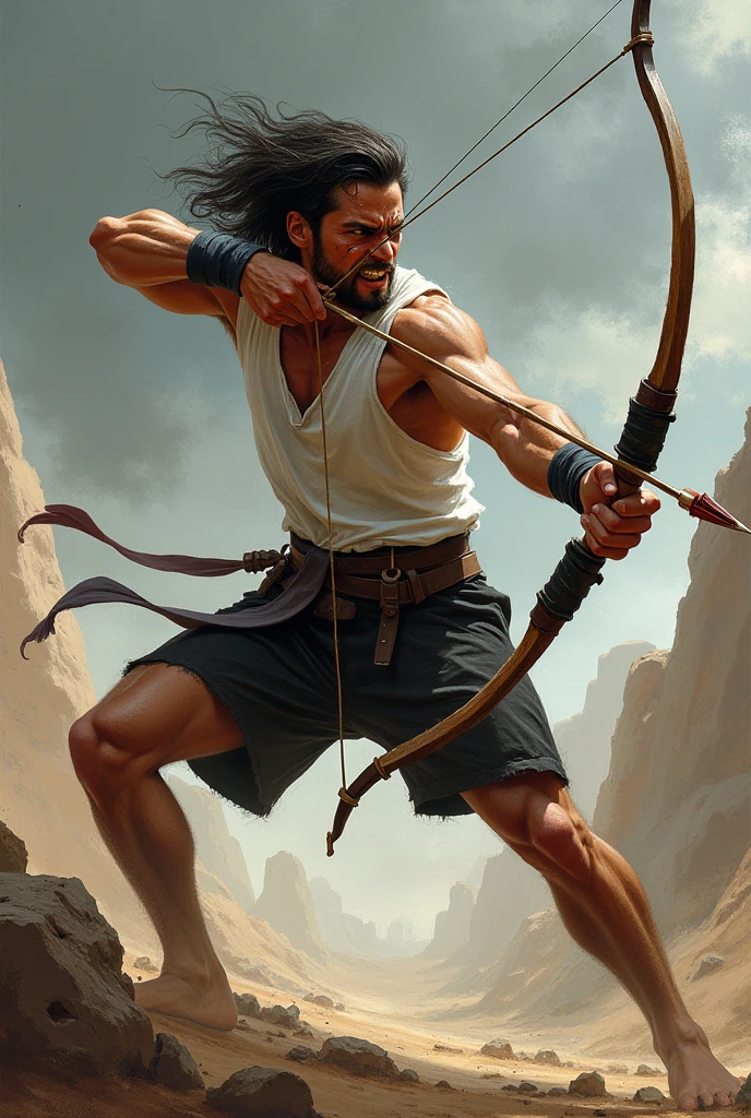 Create a drawing for an angry holding a bow, wearing white sando and ...