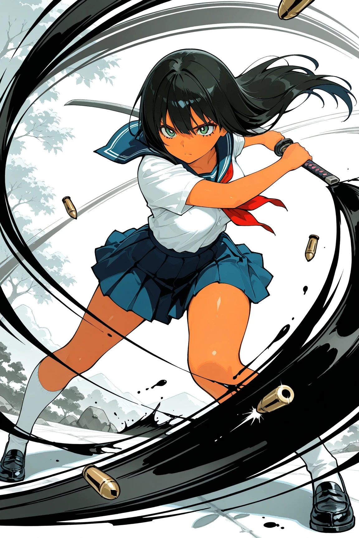 India-ink painting,1girl,samurai girl,school uniform,serious - SeaArt AI