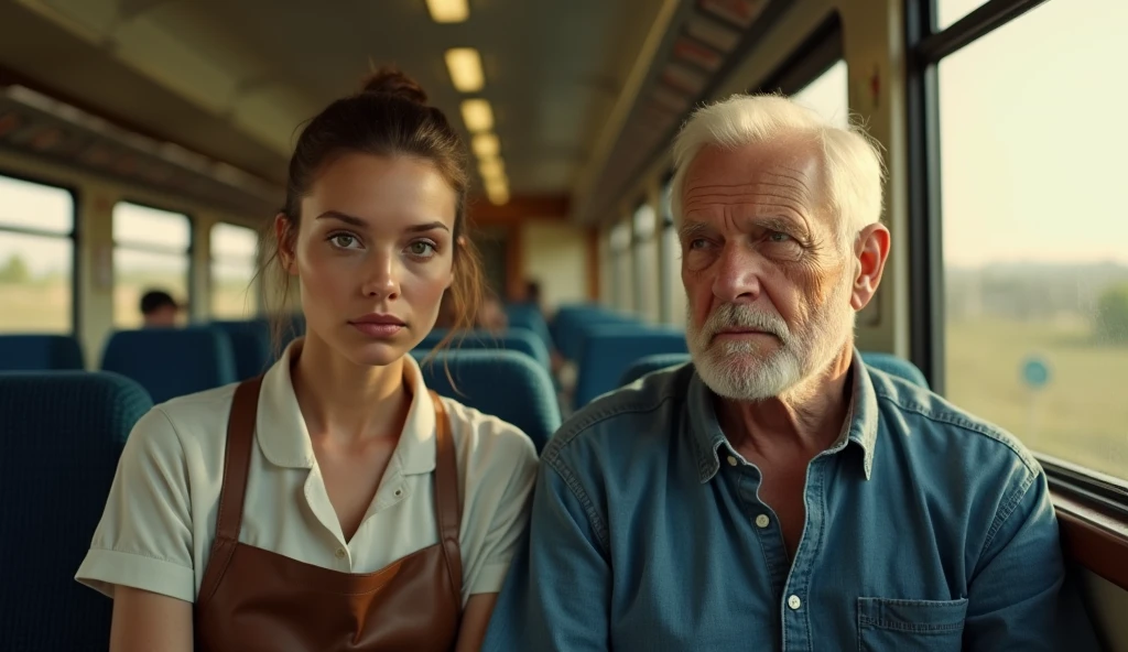 A young waitress with a brown apron and a white shirt sitting on a ...