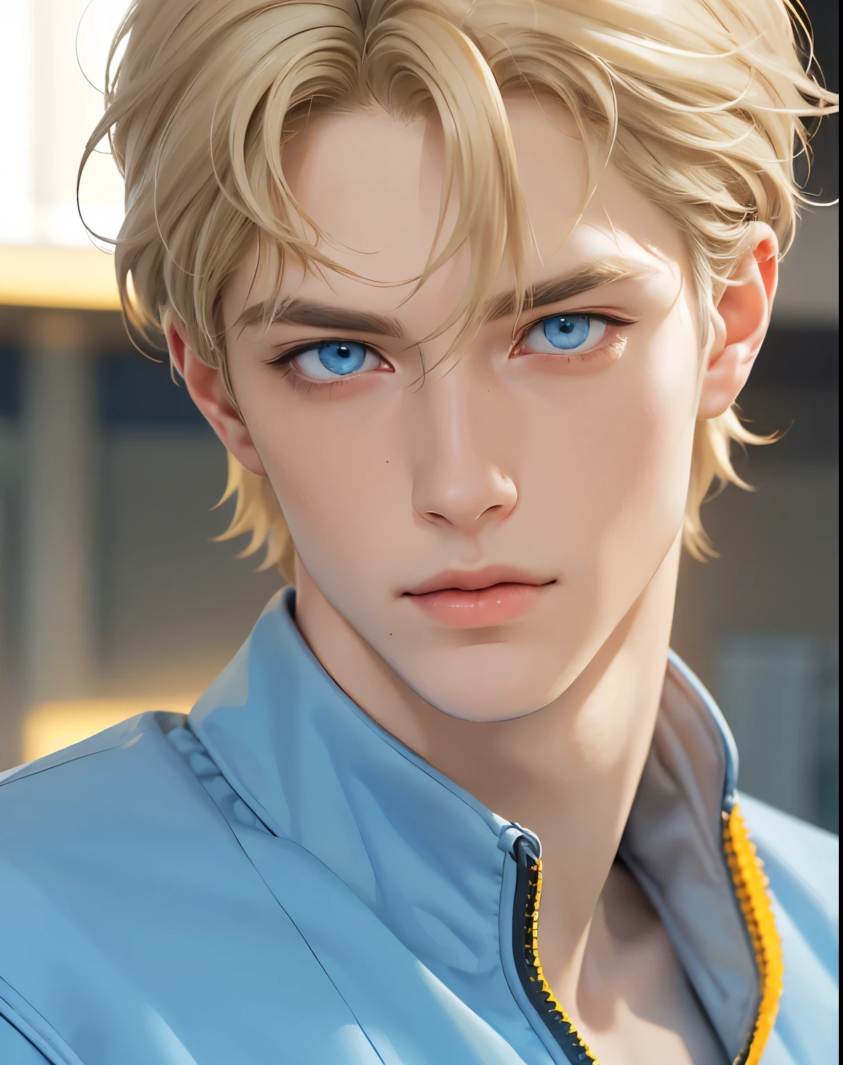 A portrait of a handsome artificial intelligent man, short light blonde ...