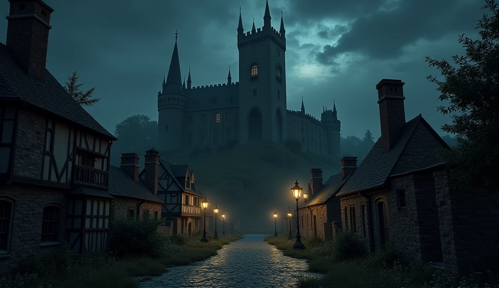 Creepy Small Old Castle with a wall inside a town at night. Realistic ...