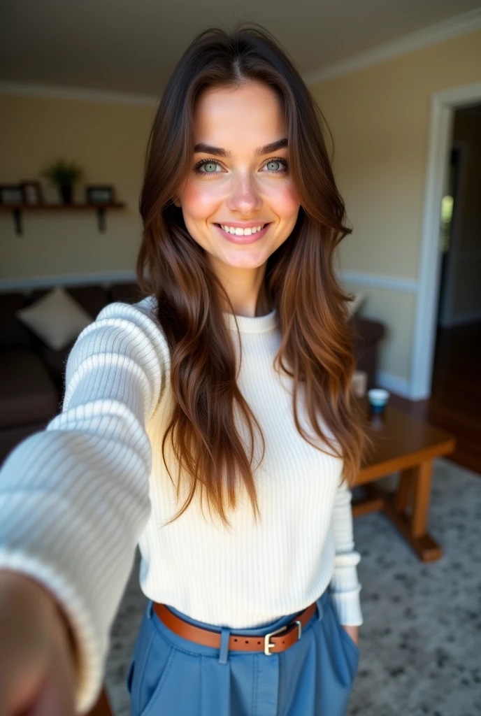 Selfie of a woman with long brown hair, woman looks at the camera ...