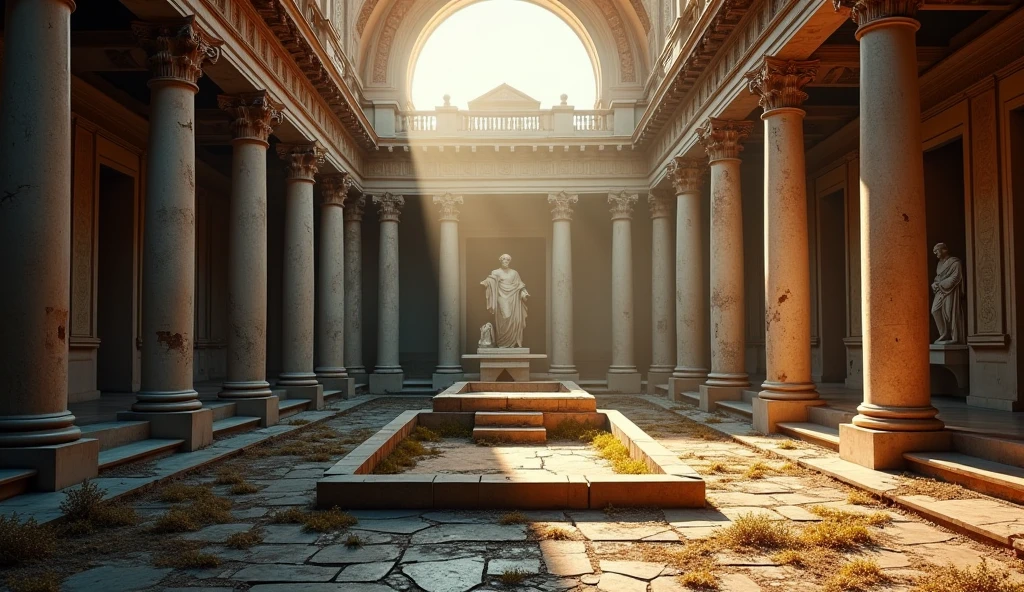 A grand but decaying Roman Senate chamber at twilight, its marble ...