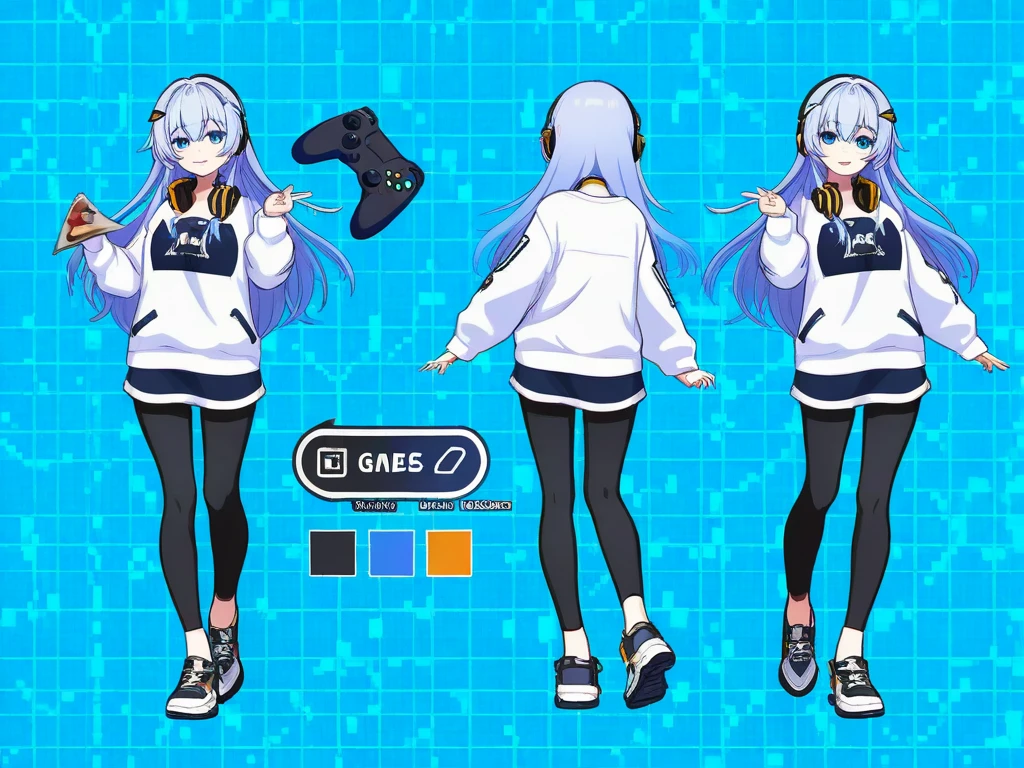Anime girl character sheet, full body front and back, casual homewear ...