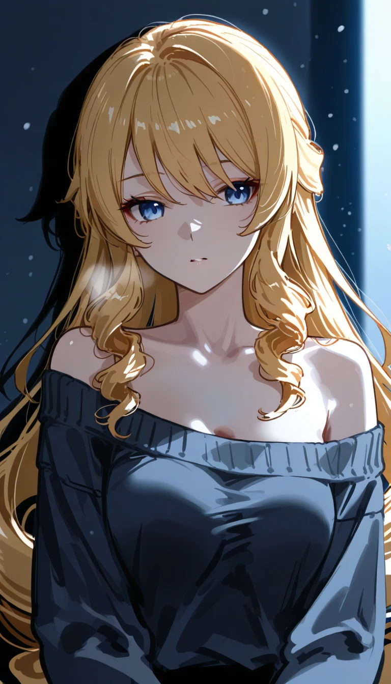 Anime girl illuminated by cold, bluish lighting in a dim environment ...