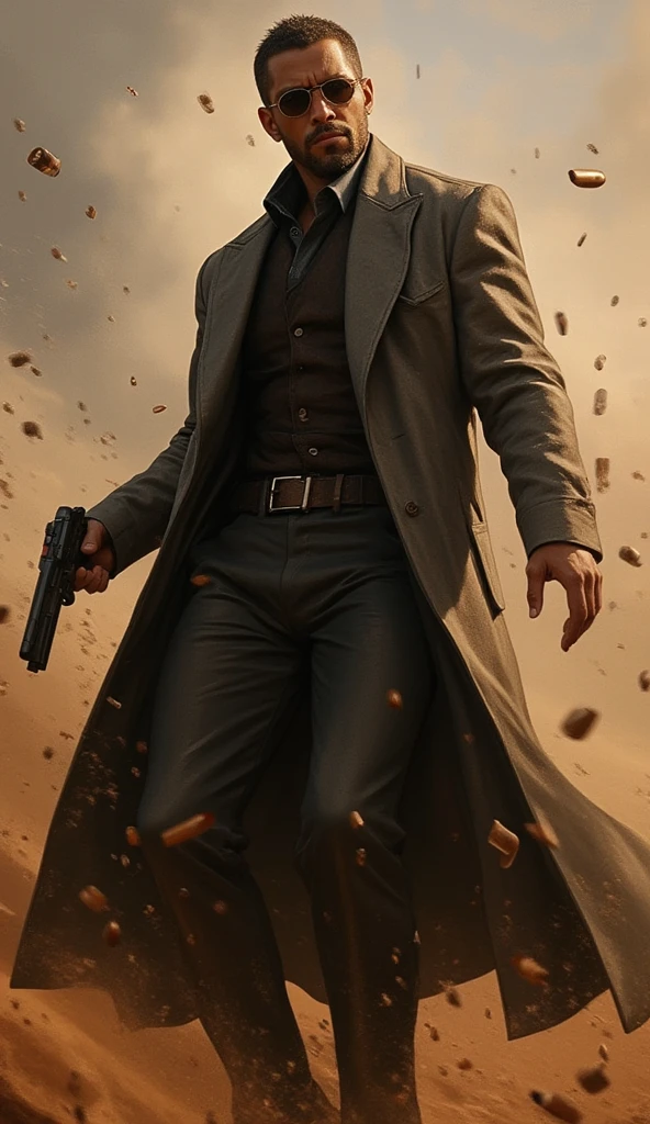 A man in overcoat and sunglasses dodging bullets by bending his body ...