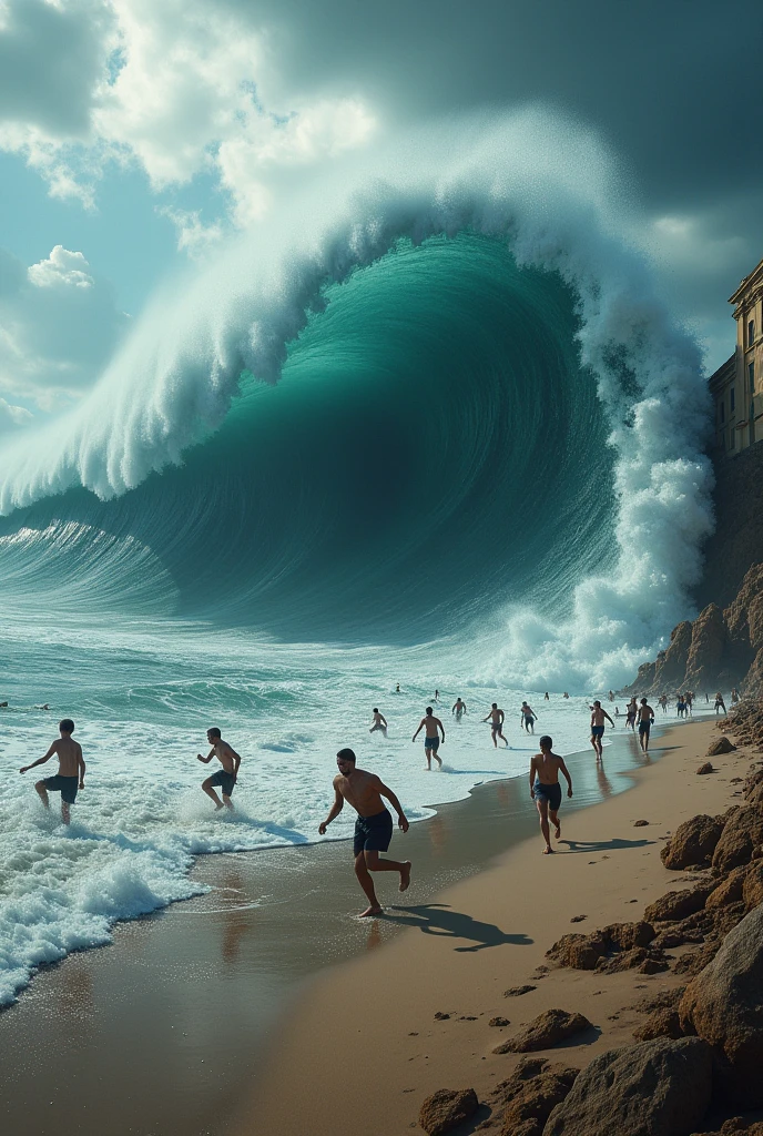 360° image of a large tsunami wave forming in the ocean with people ...