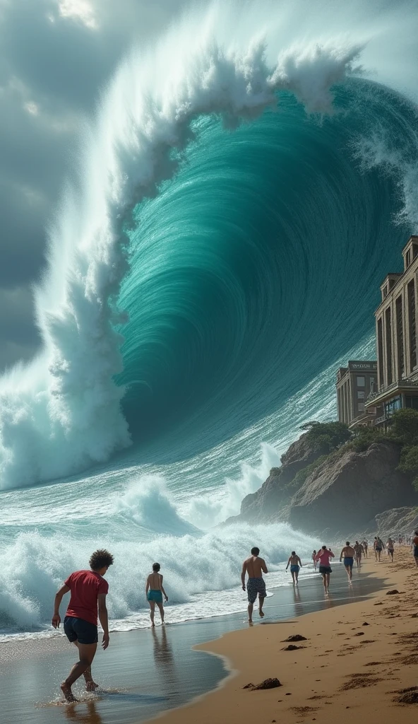 360° image of a large tsunami wave forming in the ocean with people ...