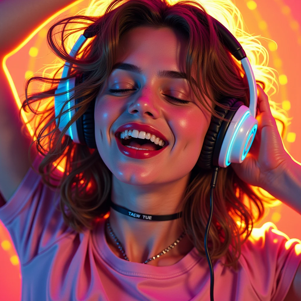 Bust of a young New Wave woman wearing headphone and dancing - SeaArt AI
