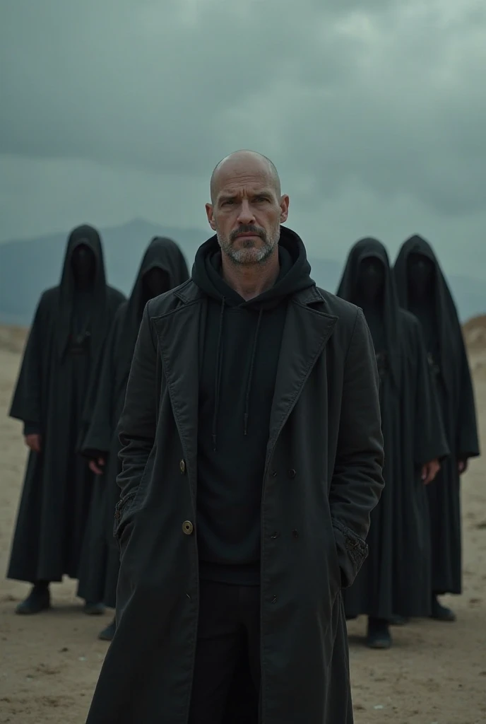 A bald man standing confidently in the foreground, wearing a black ...