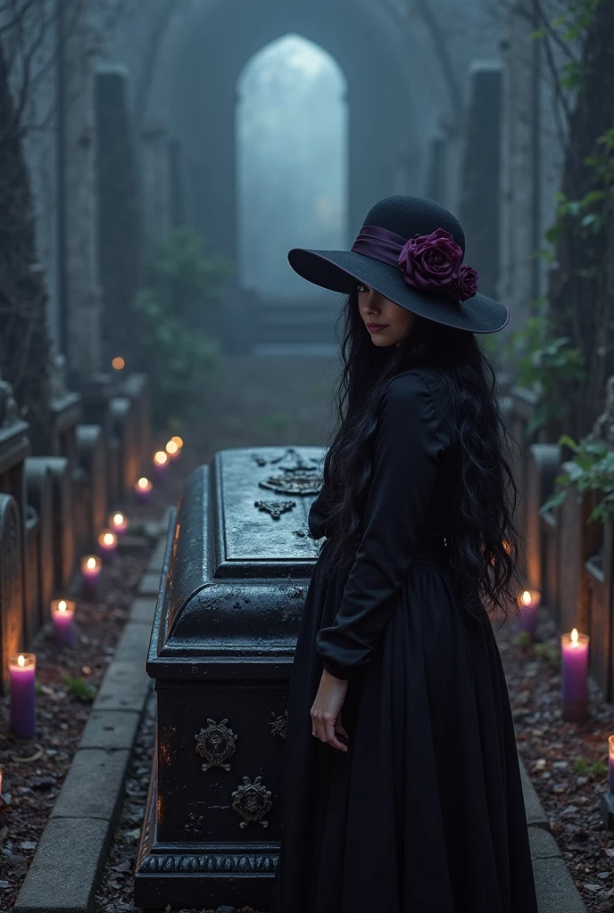 A black casket with a refined finish, adorned with shiny silver details ...