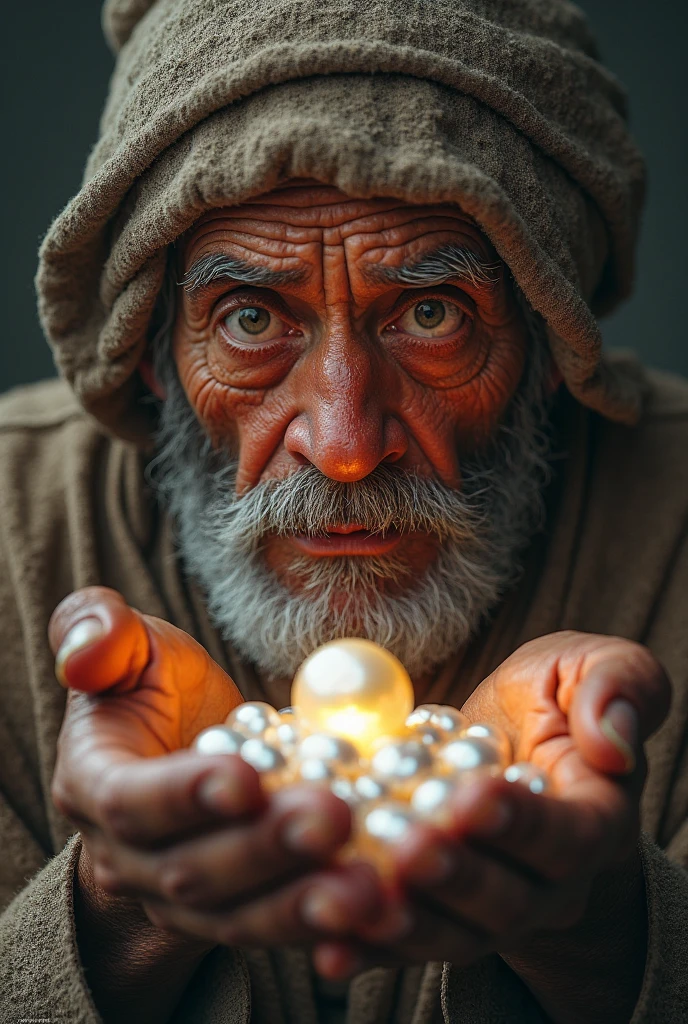 A poor man holds a shiny pearl and his facial expressions are amazing ...