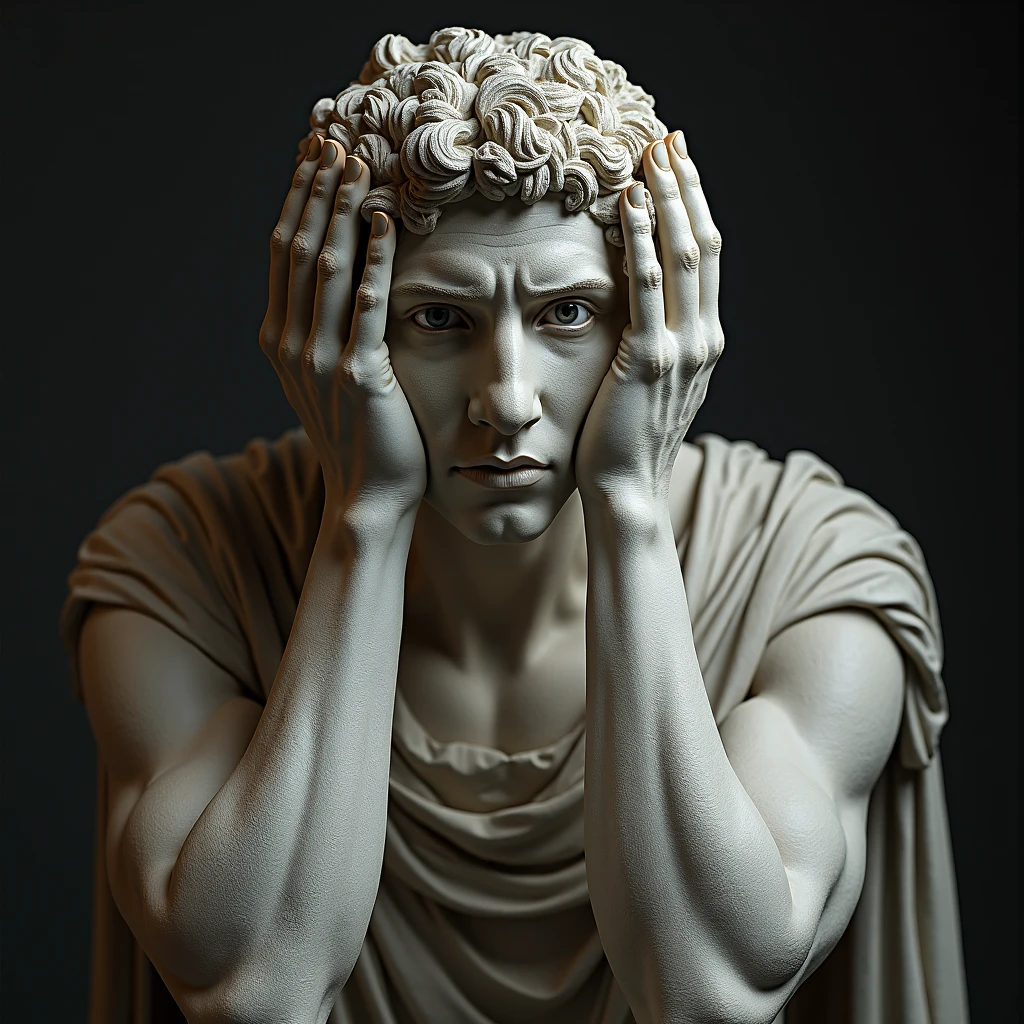 "Create a realistic image of a stone man statue from the Greek era ...