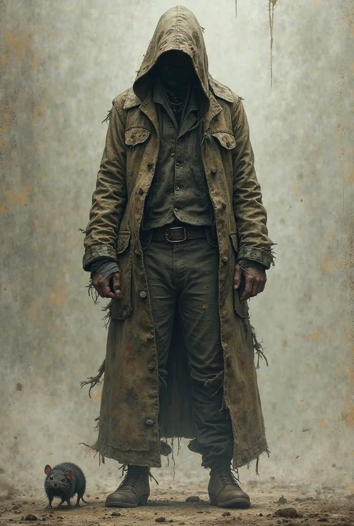 He wears a dirty coat、wearing a hood。 Facing back and tensing a little ...