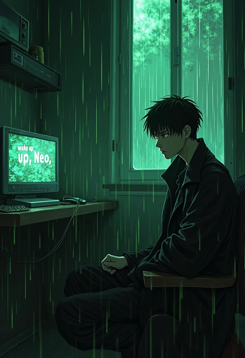 A young Neo sits alone in a dimly lit apartment filled with retro tech ...