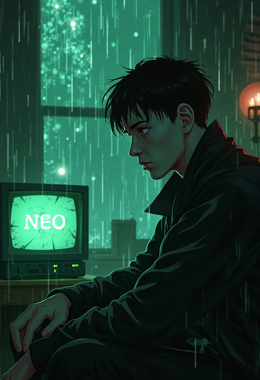A young Neo sits alone in a dimly lit apartment filled with retro tech ...