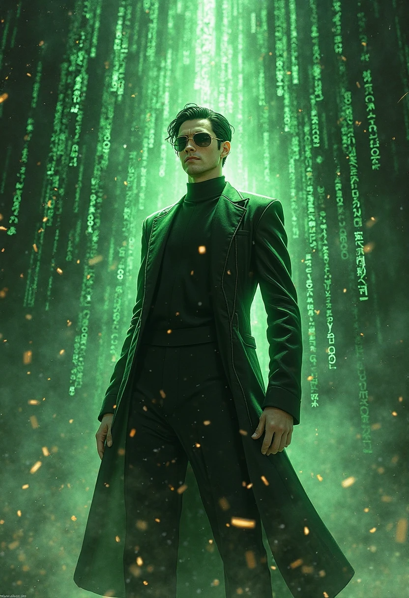 Neo stands reborn, glowing with energy, inside the Matrix. The agents ...