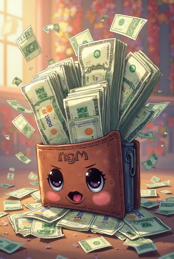 Make an image of an anime-style wallet full of bundles of yen - SeaArt AI