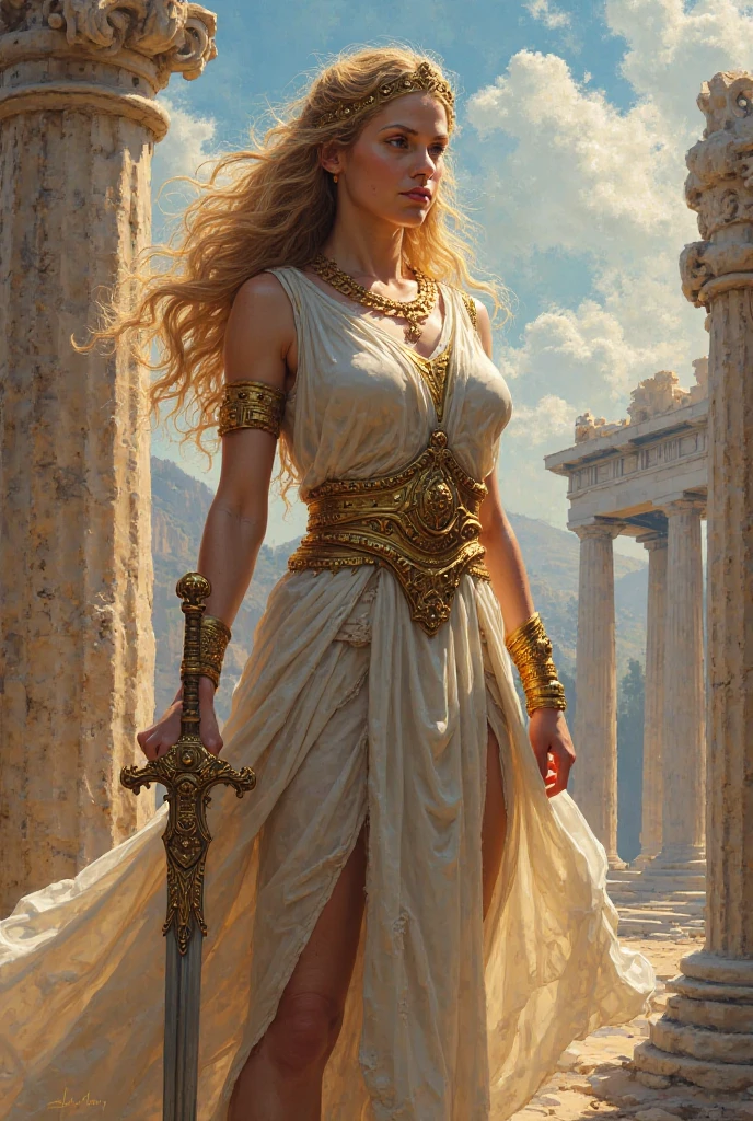 A beautiful Greek goddess with a sword in her hand, standing in a ...