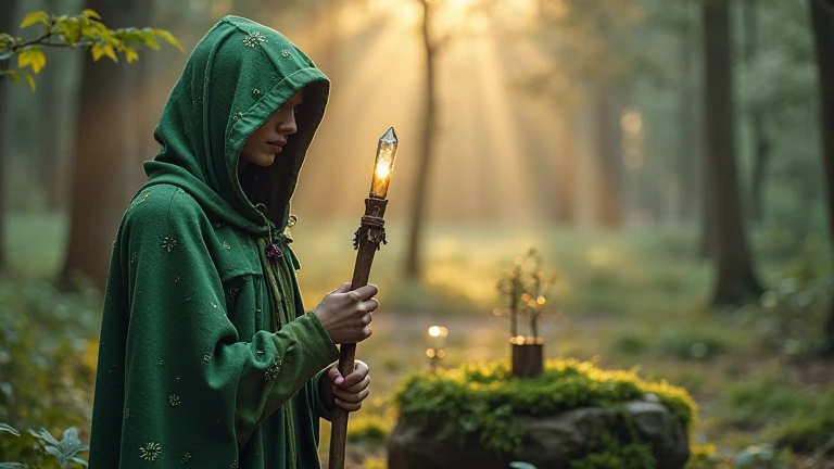 A hooded figure in a forest clearing at dawn, wearing a green cloak ...