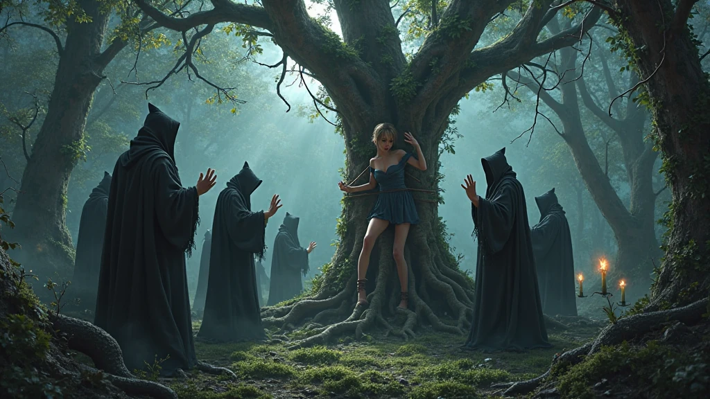 A group of witches performing a ritual in the woods while a woman in a ...