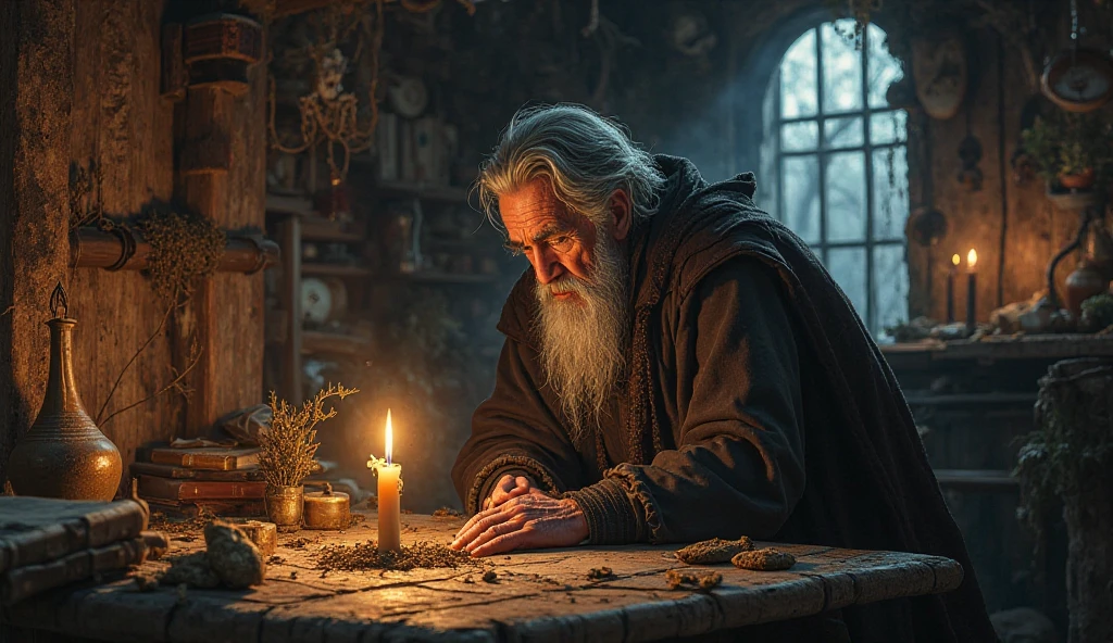 An old witch whispering a spell to a in a candle-lit wooden cottage ...