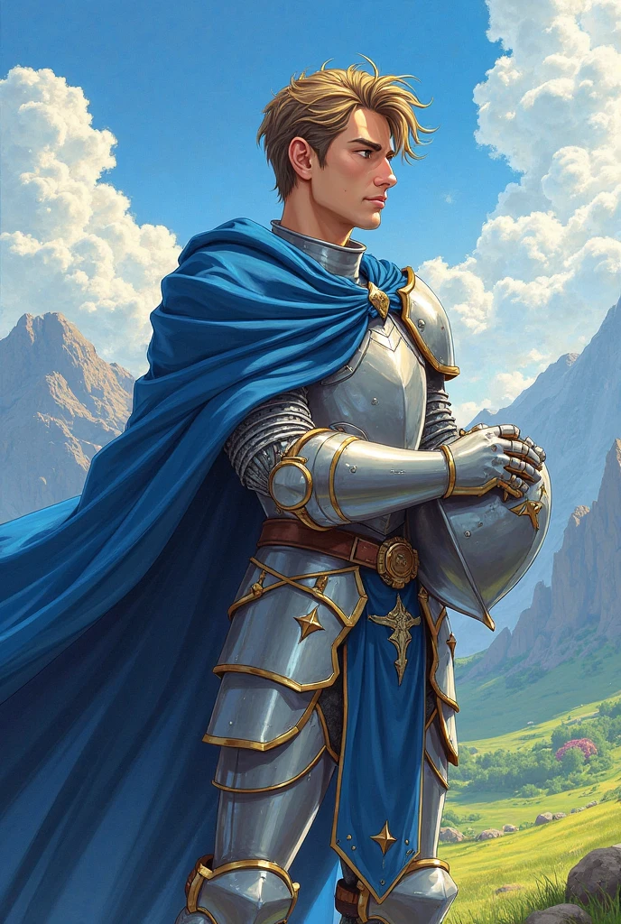 A young, handsome, brave, manly knight with a deep blue cape floating ...