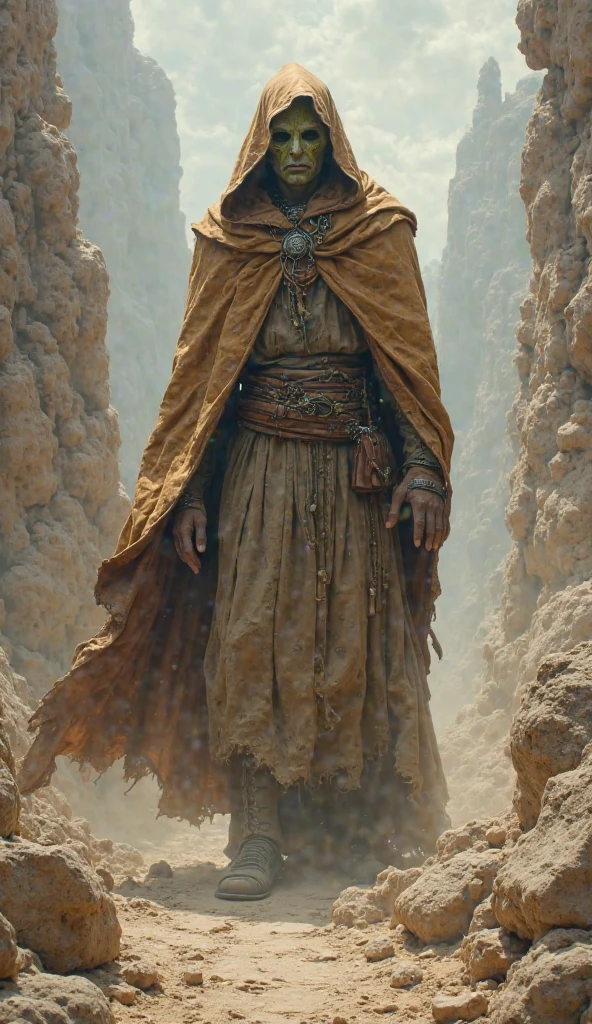 A male wizard wearing a cloak covering an earthen face hovers over ...