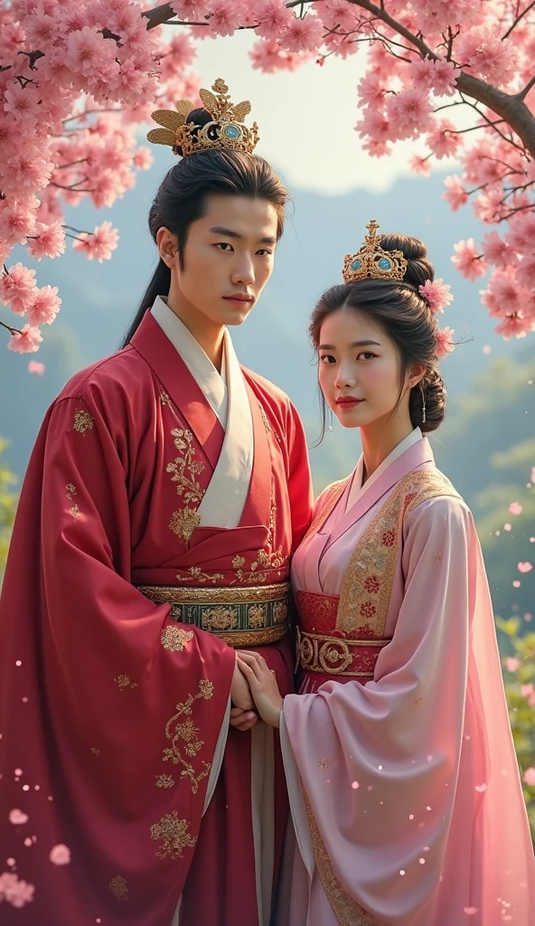A age Korean prince boy from before with his crown and luxurious red ...