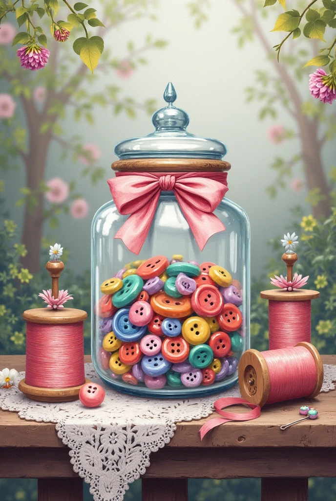 A beautiful glass jar filled with buttons at the top of the neck of the ...