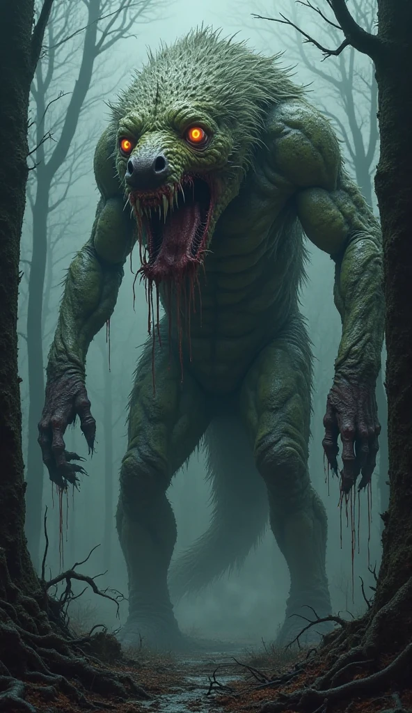 A towering, grotesque fusion of a slug and a wolf in a pitch - SeaArt AI