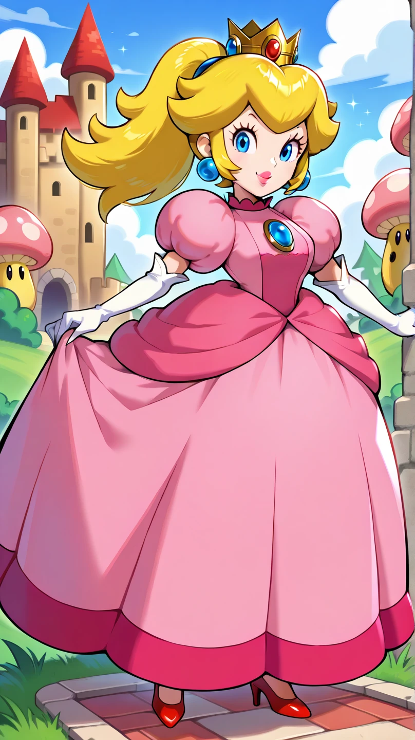 ,princess peach, 1girl, elbow gloves, blue eyes, long hair, short ...