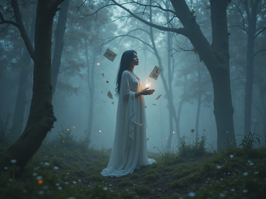 A mystical, ethereal scene set in a foggy forest at twilight - SeaArt AI