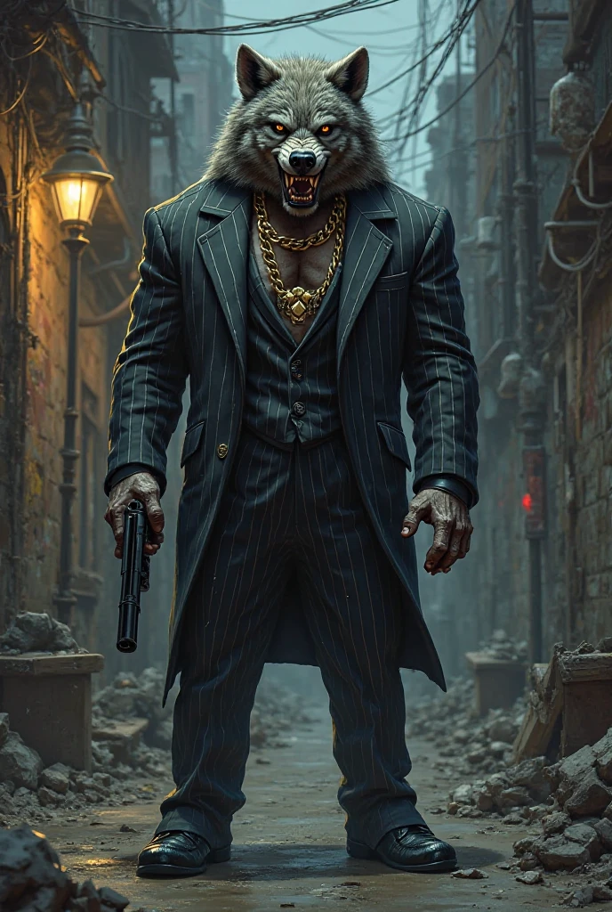 Make a werewolf gangster, with a gun in your hand and a gold necklace ...