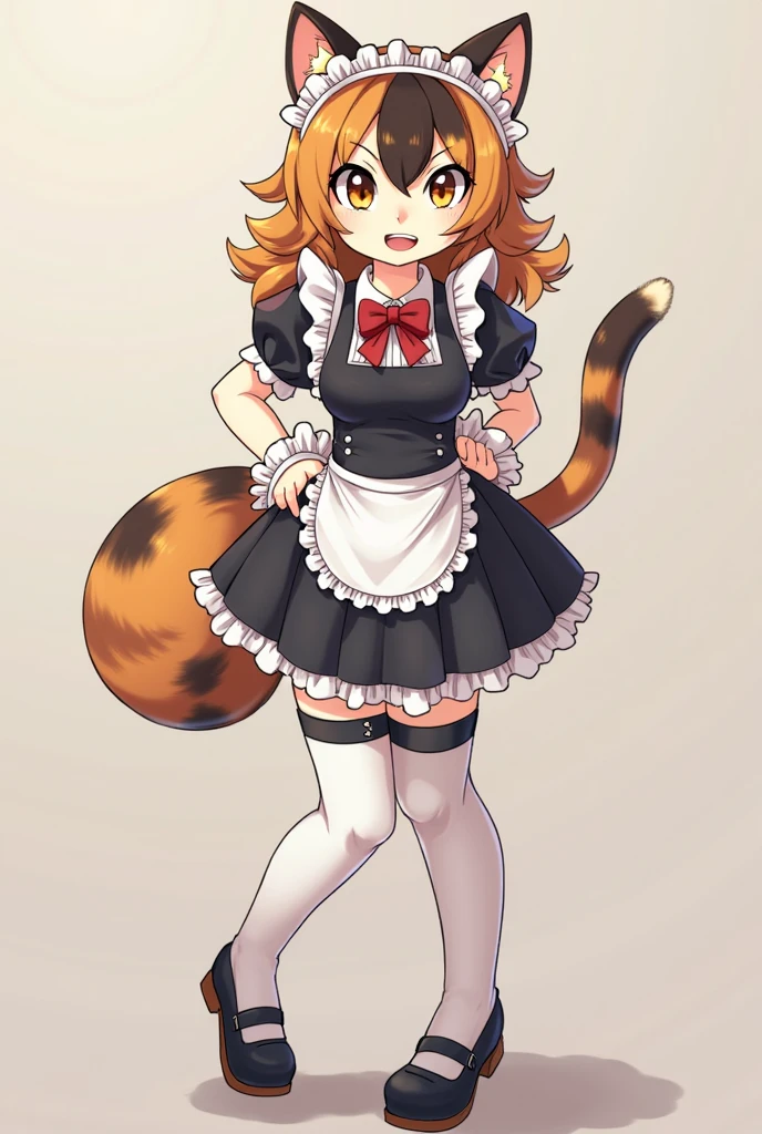 Create a furry male anthropomorphic calico cat who has a maid suit ...